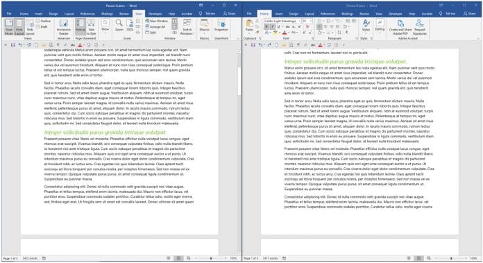 How do I use synchronised scrolling in Word?