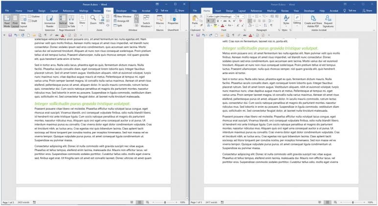 How do I use synchronised scrolling in Word?