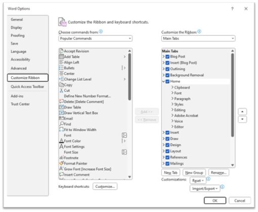 How to modify the Quick Access Toolbar or a Ribbon in MS Office365
